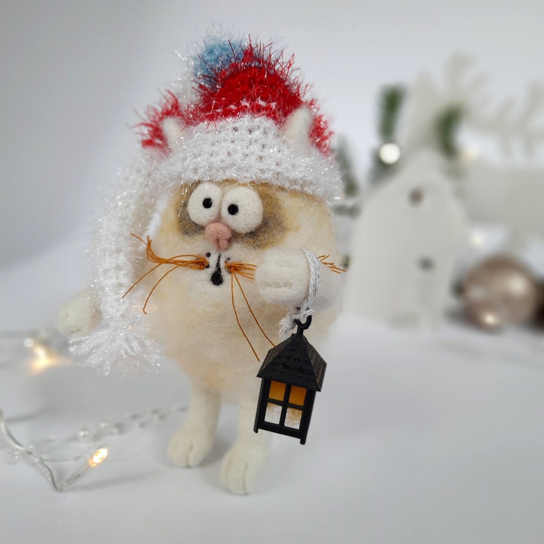 Wool Felt White Cat With Elf Cap and Lantern, Textile Miniature Cat ...