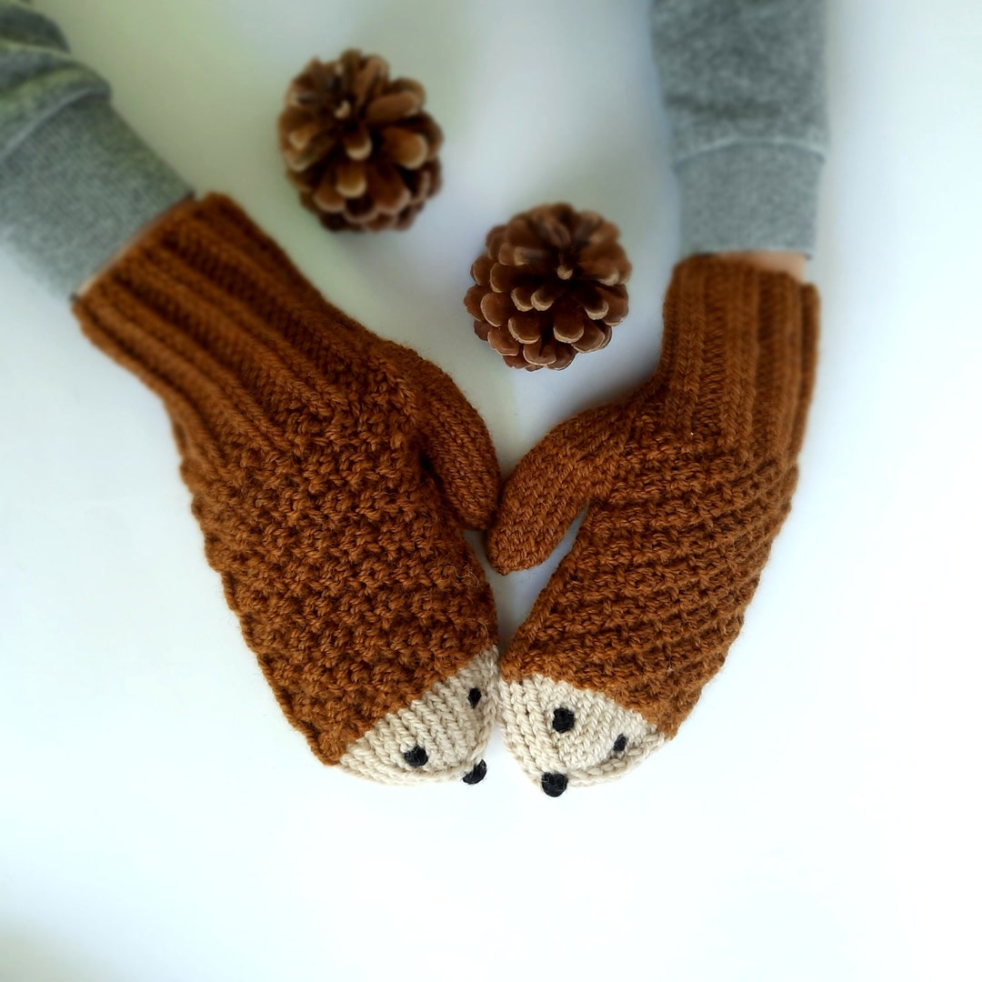 Hand Knitted Gloves 100% Wool, Hedgehog Mittens for Ladies Toffee Color ...