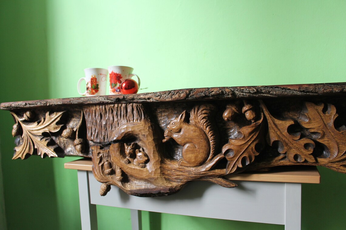 Hand Carved Wooden Mantel Shelf: Squirrel & Floral Motifs - Etsy