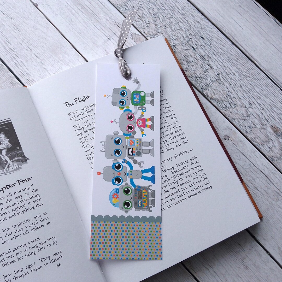 Cute Robot Bookmark | Kids Stationery With Ribbon Tie - Etsy UK