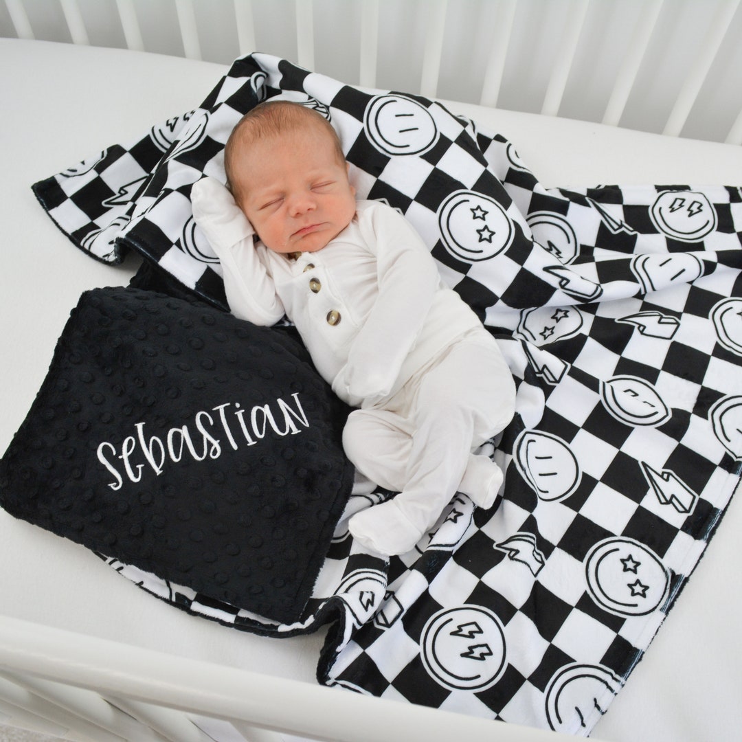 Checkered Blanket - Personalized Minky Blanket - Preppy Smiley Face ...