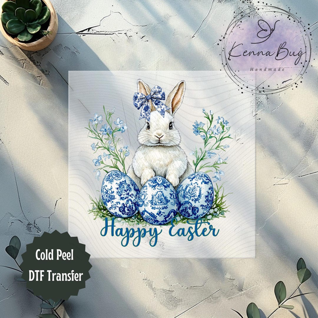 Happy Easter, Floral Bunny, Blue Chinoiserie, Spring, DTF Transfer ...