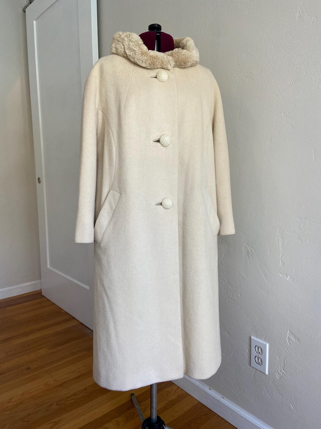 Vintage Cream Wool Coat: 1960s Stroock Faux Fur Collar - Etsy