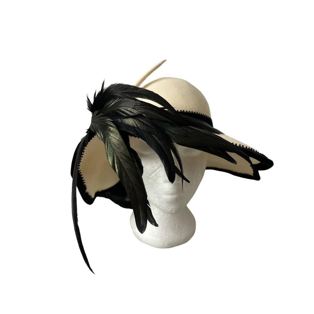 Vintage Mr. John Classic High Hatters Ivory Black '70's Wool Feather ...