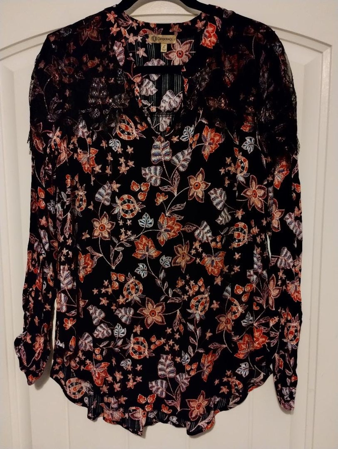 Democracy 100% Rayon Boho Flora/lace Pullover Top L - Etsy