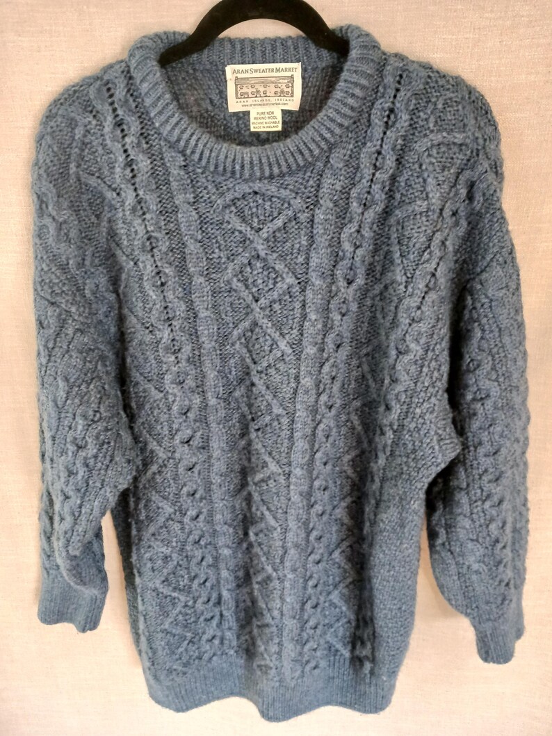 Vintage Aran !00% Merino Wool Cable Knit Crewneck Pullover Sweater Sz M ...