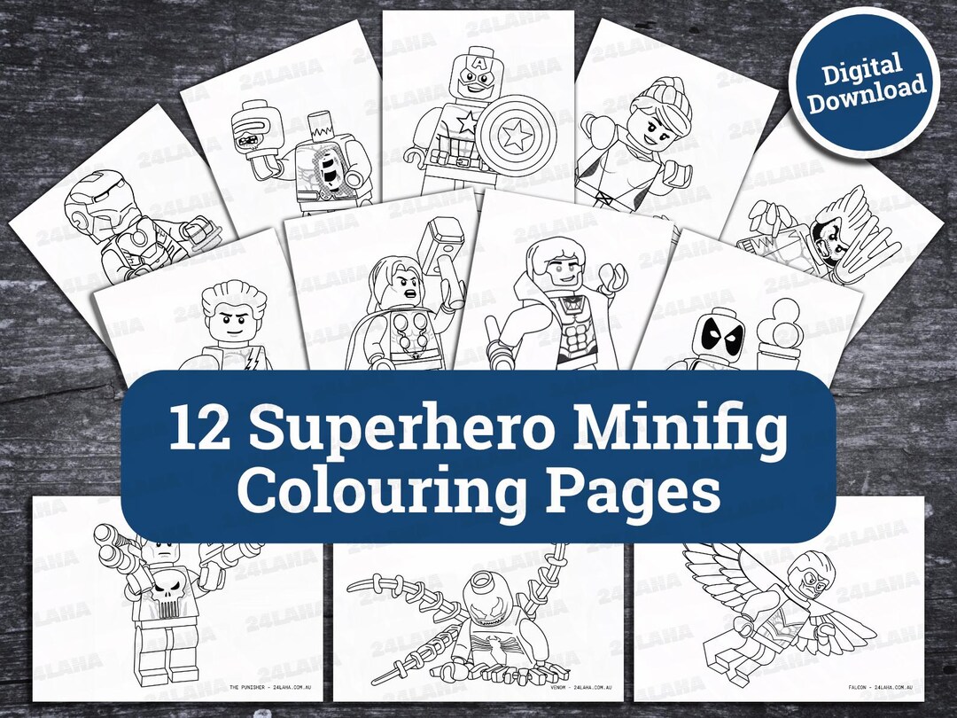 DIGITAL DOWNLOAD 12 Printable Coloring Pages Superhero Minifig Instant ...