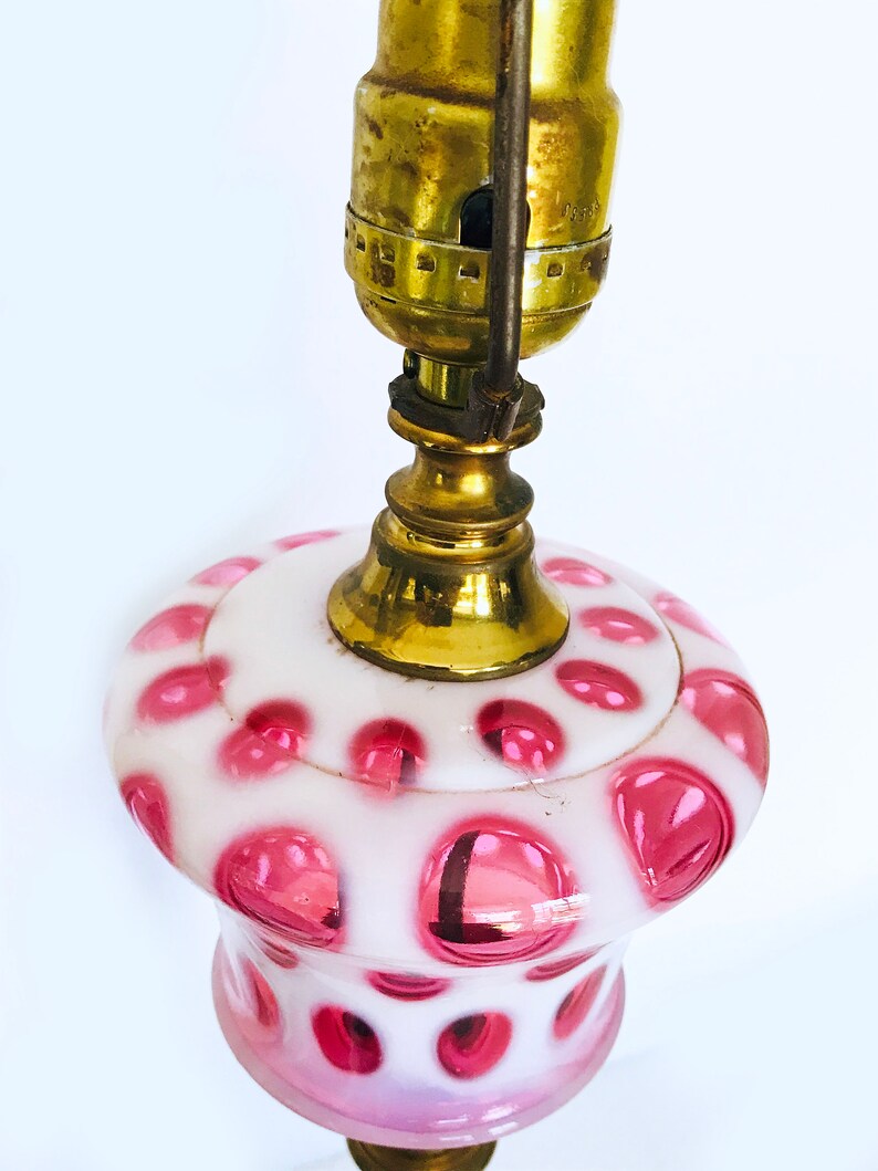 Fenton Glass Cranberry Opalescent Coin Dot Lamp Marble Base | Etsy