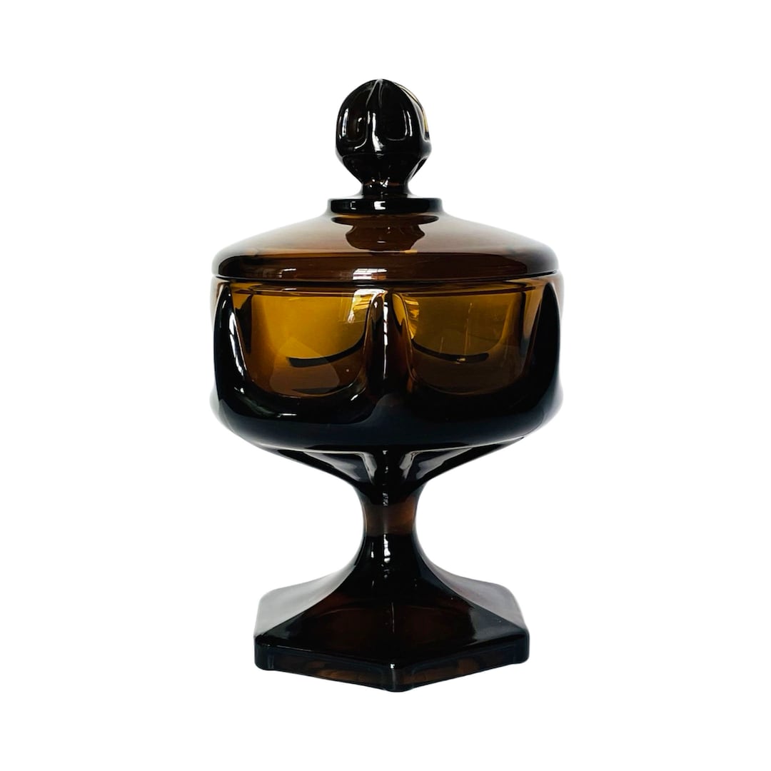 Viking Art Glass Epic Ribbed Column Smoke Brown Covered Pedestal Candy ...