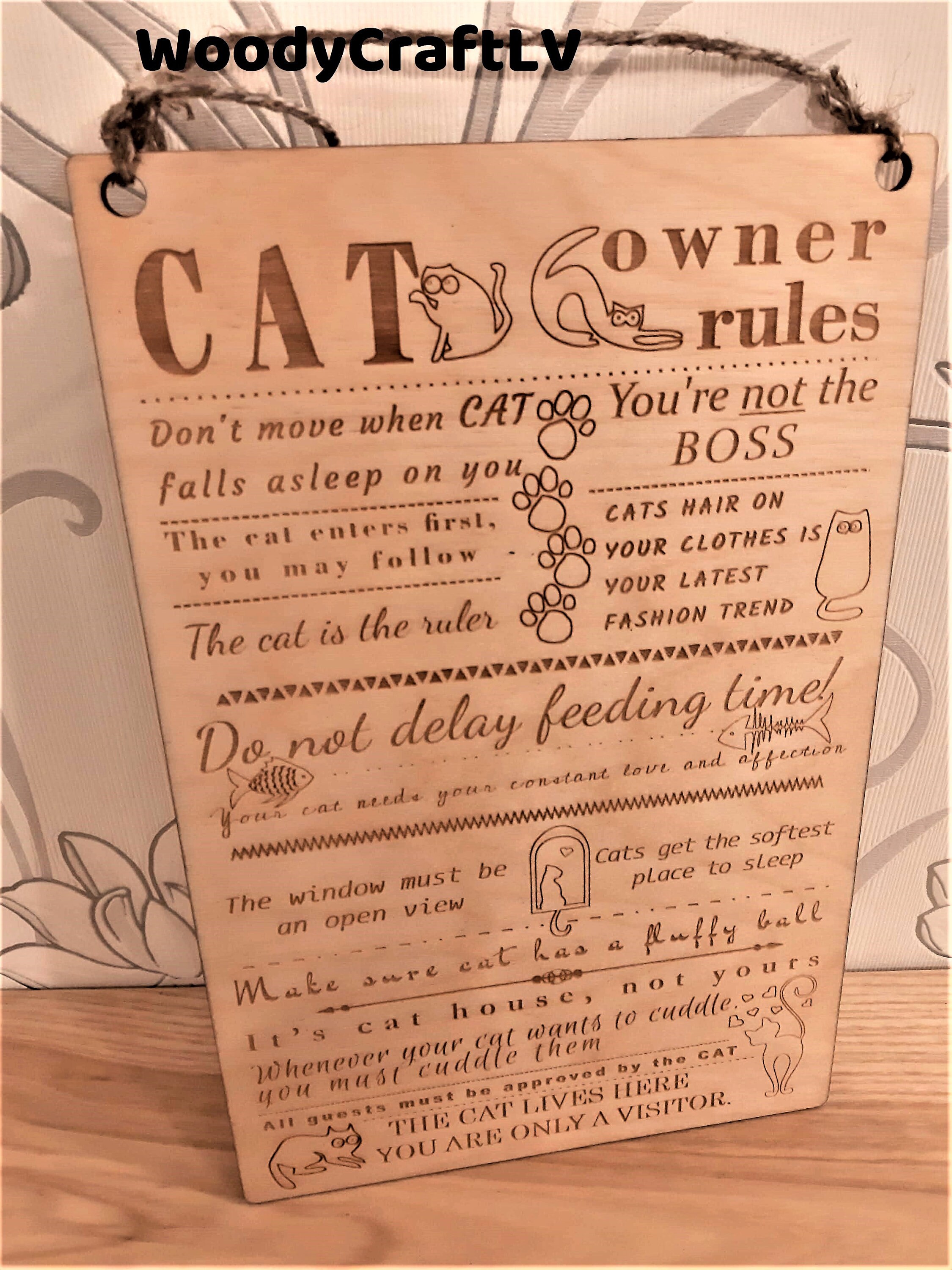 Sign cat Owner Rules, Cats Lovers, Funny Sign, Wall Decor, Perfect Gift ...
