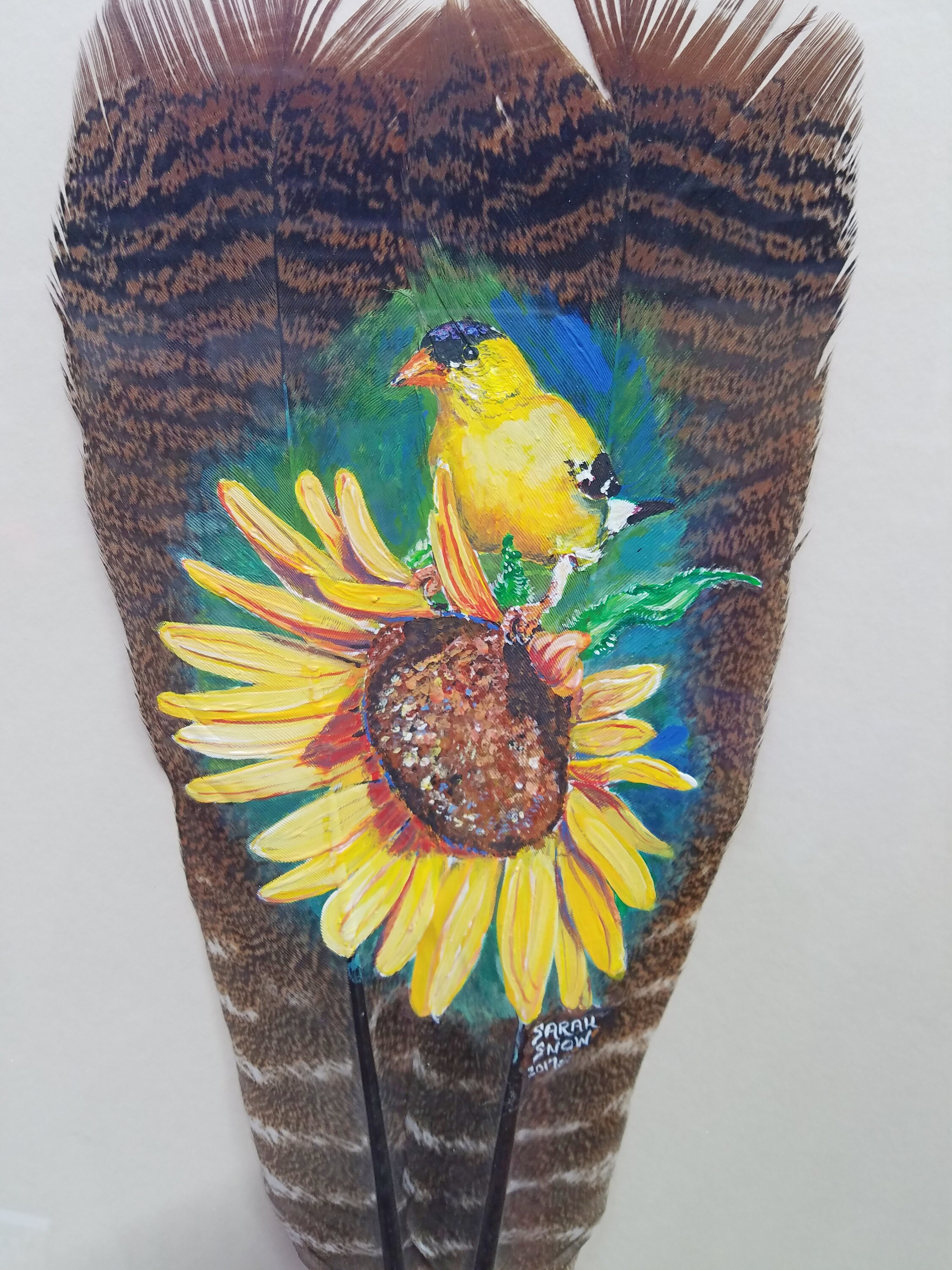 American Goldfinch and Sunflower on Turkey Feathers Original - Etsy
