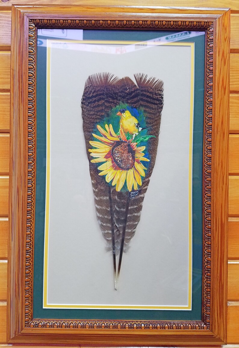 American Goldfinch and Sunflower on Turkey Feathers Original - Etsy
