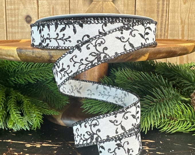 10 Yards, 5/8 Inch, White and Black Vine Wired Ribbon, Quality Ribbon ...