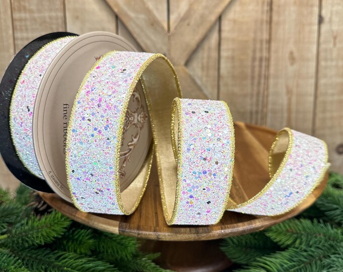 10 Yards, 1.5 Inch, White Iridescent Sugar Plum Glitter Wired Ribbon, D ...