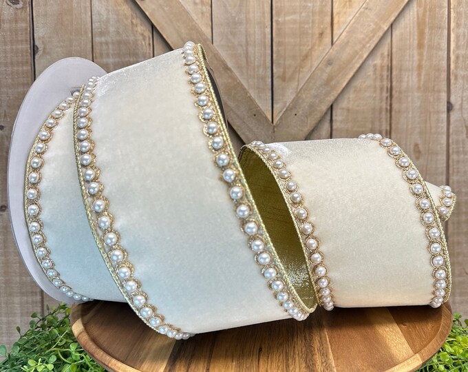 5 Yards - 4 Inch Farrisilk Cream Velvet With Pearl Boarders Ribbon ...