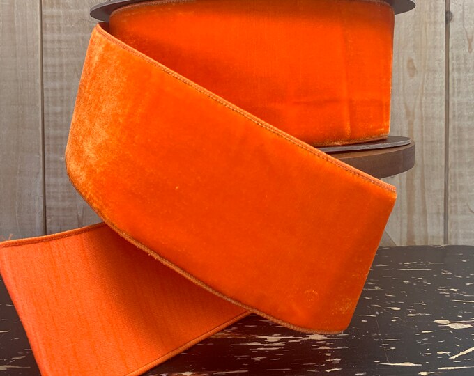 10 Yards - 4 Inch Bright Orange Velvet Ribbon, Wired Ribbon, A Roll of ...
