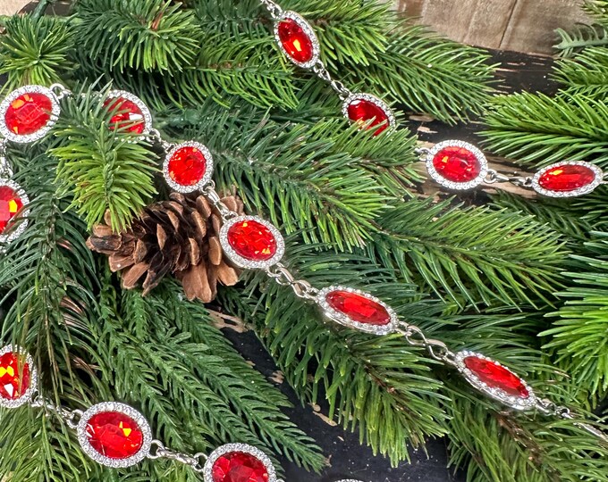 Red and Silver Metal and Jeweled Garland, Christmas Garland, 4 Feet ...