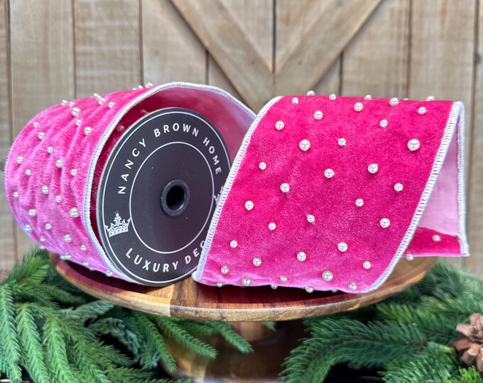 5 Yards, 4 Inch, Pink Velvet With Pearls Wired Ribbon, Designer Wired ...