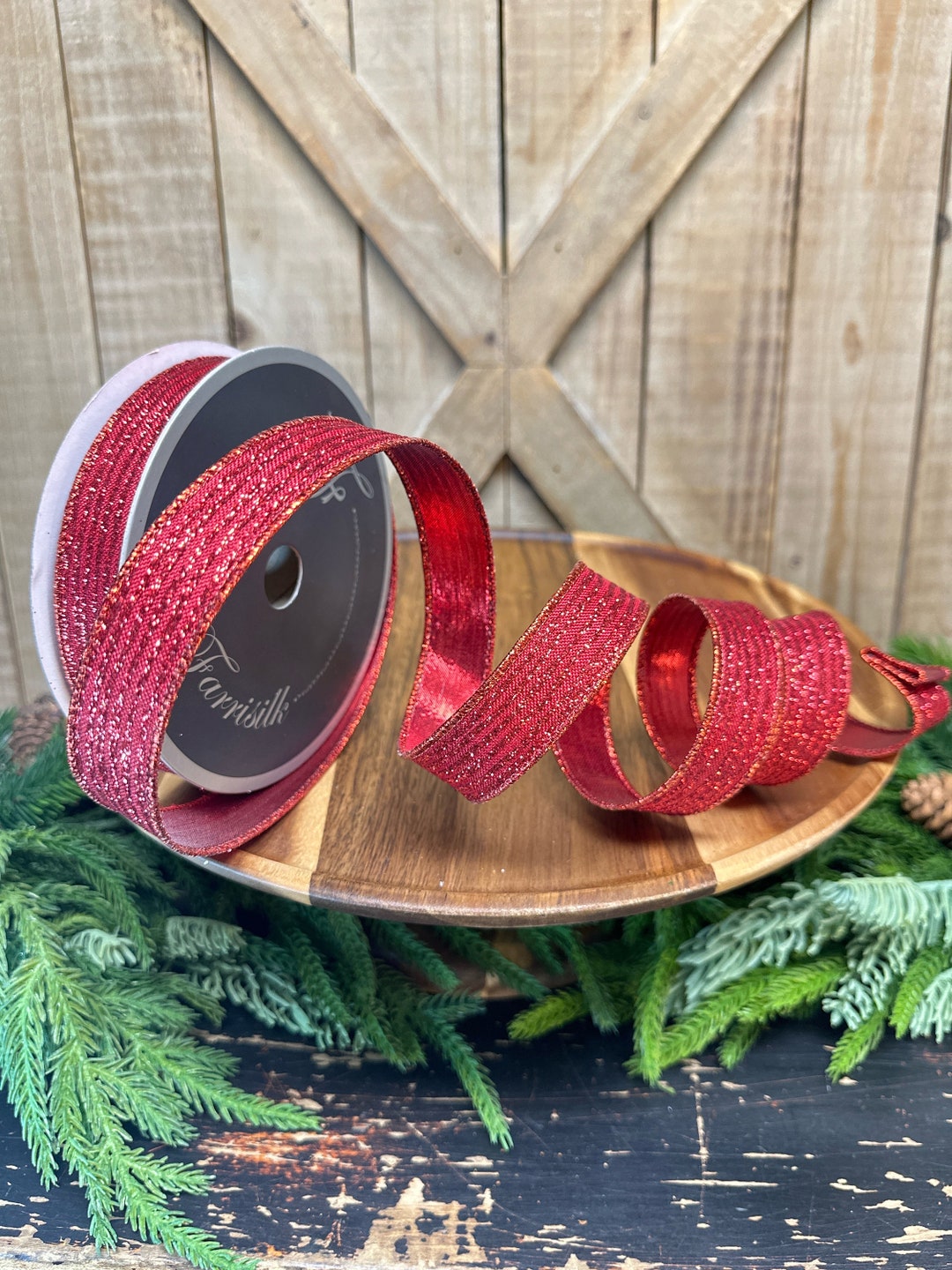 1 Inch, Red Random Stripes Glitter Wired Ribbon, 10 Yards Designer ...