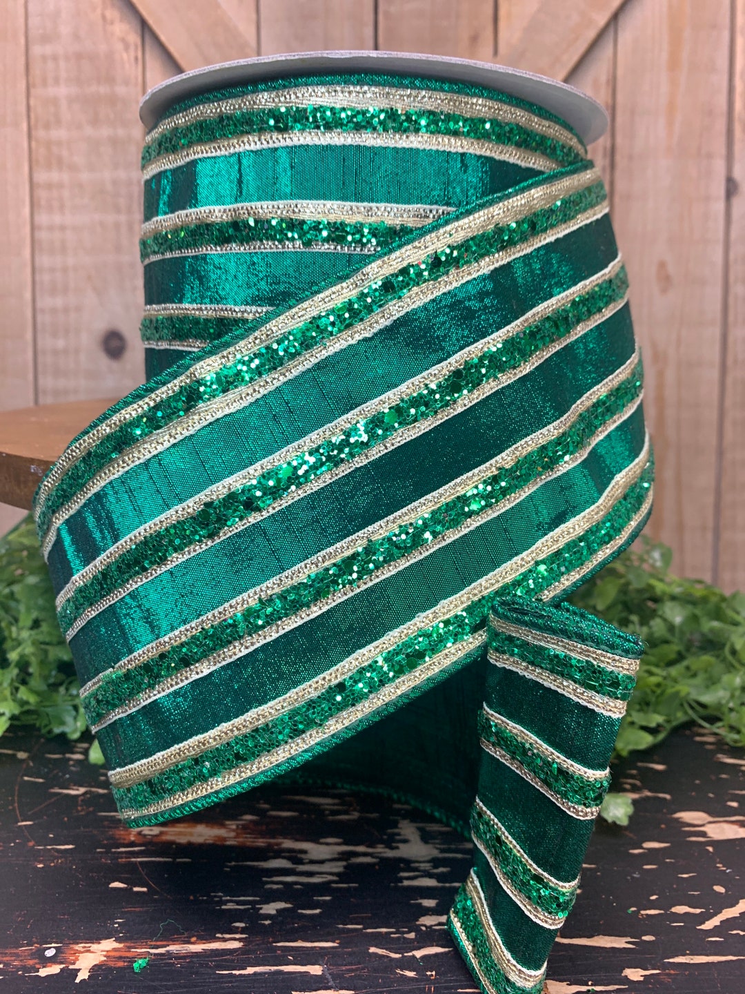 Farrisilk, 10 Yards, Emerald Green With Chunky Glittered Stripes, Wired ...