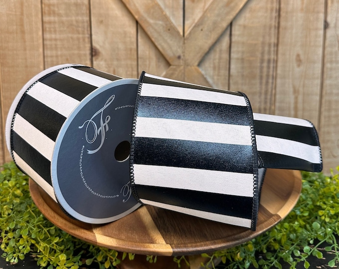 4 Inch, 10 Yards, White and Black Foil Stripes Ribbon, 4 Inch Ribbon, A ...