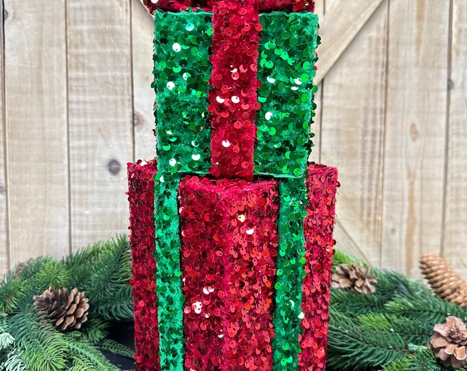 14 Inch, Decor Velvet and Sequin Gift Box, Dark Red and Emerald Green ...