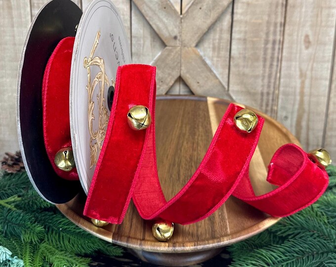 5 Yards, 1 Inch, Red Velvet With Jingle Bells Wired Ribbon, Designer ...