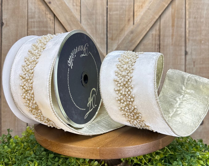 5 Yards - 4 Inch Royal Pearl Vine Ivory Velvet Wired Ribbon, With Gold ...