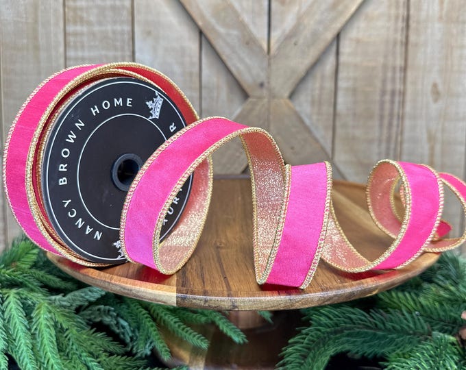 10 Yards, 1 Inch, Hot Pink and Gold Back Wired Ribbon, Nancy Brown ...