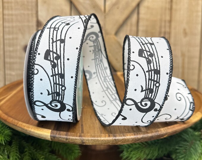 10 Yards, 1.5 Inch, Music Notes Black and White Wired Ribbon, Quality ...