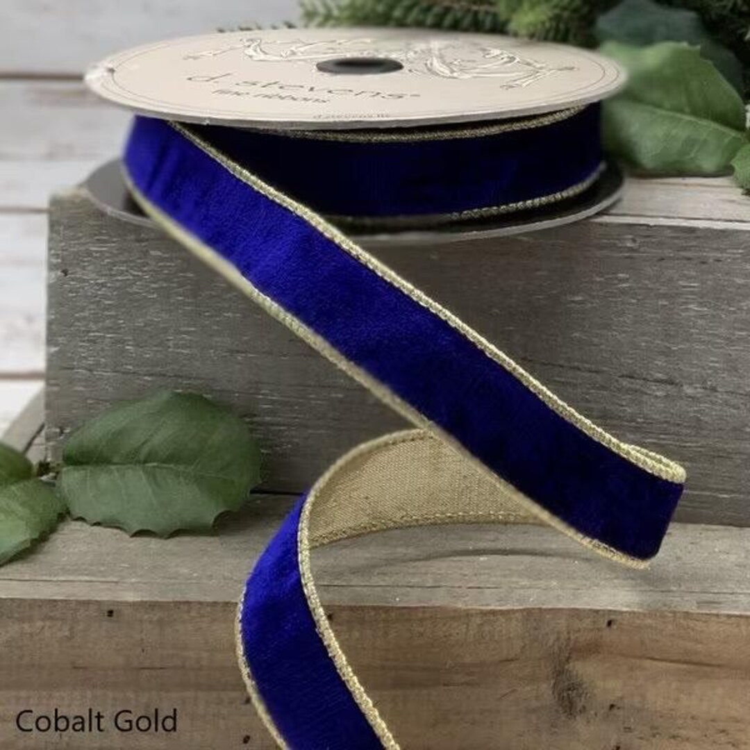 10 Yards, 1 Inch, Cobalt Blue Velvet With Gold Back Wired Edge Ribbon ...
