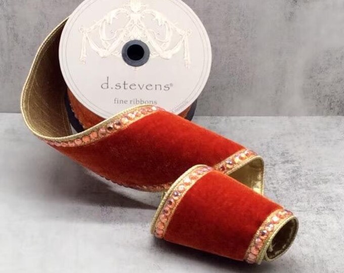 5 Yards, 4 Inch, Bittersweet Jeweled Edge Velvet Wired Ribbon, With ...