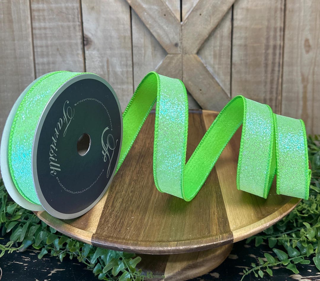 10 Yards, 1 Inch, Sugar Frost Lime Glitter Wired Ribbon, Designer ...
