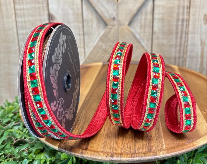 5 Yards, 7/8 Inch, Jewel Accent Red and Green Deluxe Wired Edge Ribbon ...