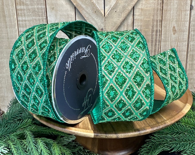 10 Yards, 2.5 Inch Farrisilk, Emerald Green Glitter Marquise Diamond ...