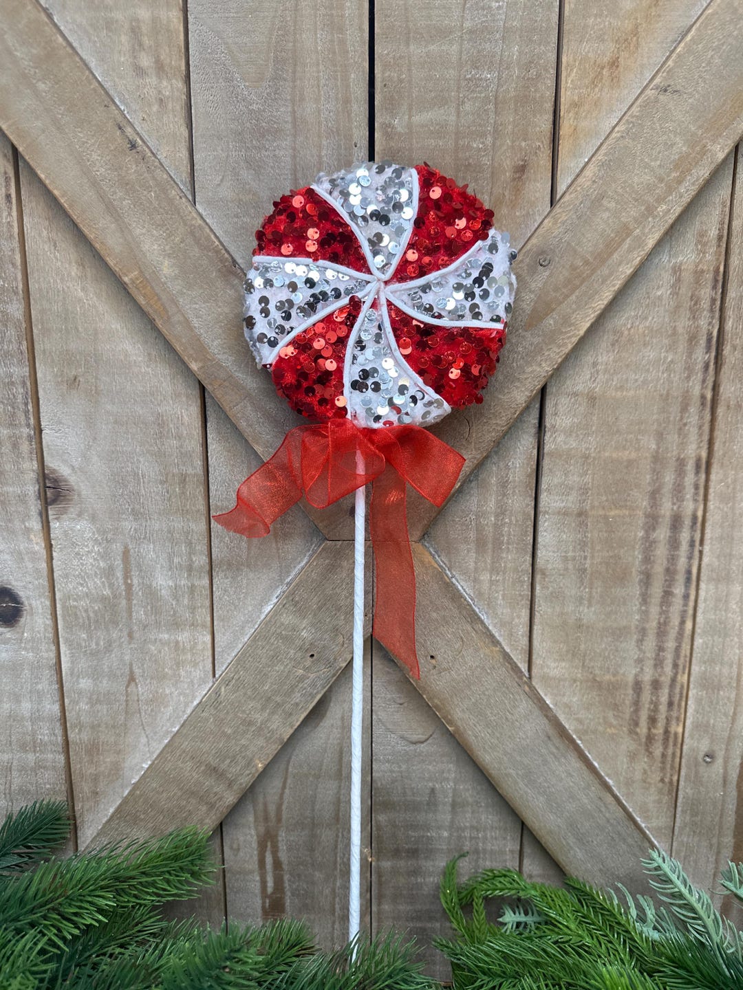 18 Inch, Velvet Sequin Red and White Pinwheel Lollipop Stem, Wreath ...