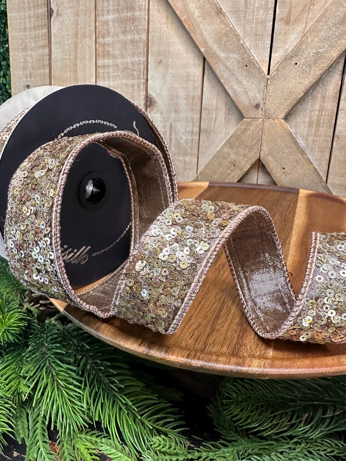Designer Cappuccino Sequin Sparkle Wired Ribbon, Farrisilk Ribbon, 1 ...
