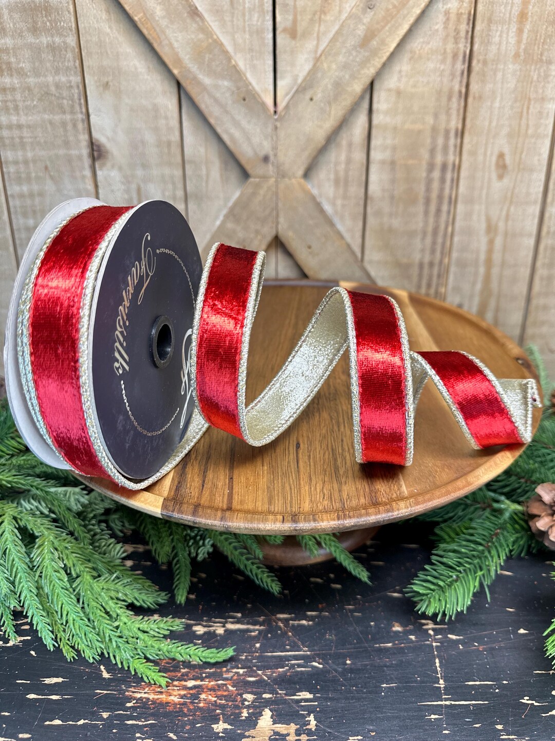 1 Inch, Red Satin Velvet Wired Ribbon, 10 Yards Designer Ribbon ...