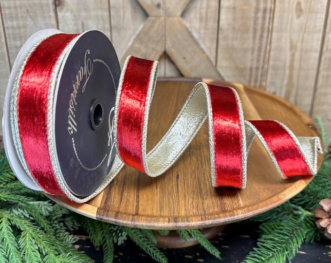 1 Inch, Red Satin Velvet Wired Ribbon, 10 Yards Designer Ribbon ...