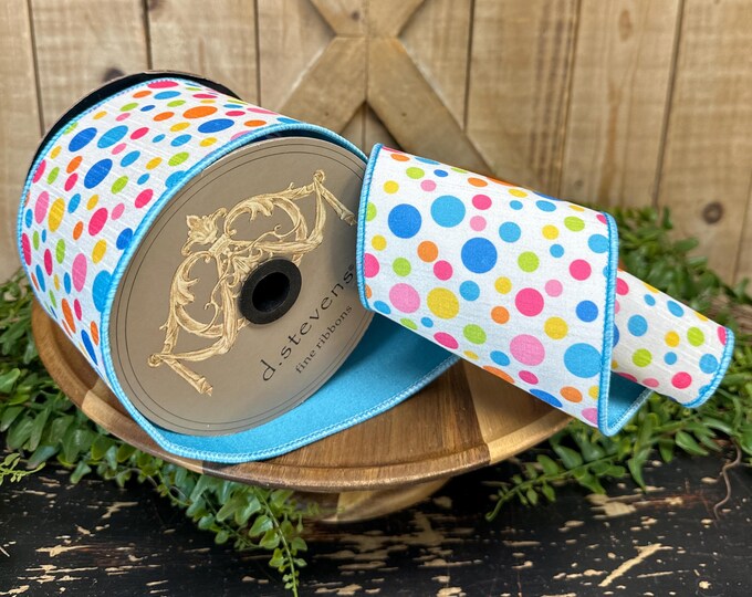 10 Yards, 4 Inch Colorful Polka Dots, Orange, Pink and Teal, Wired ...