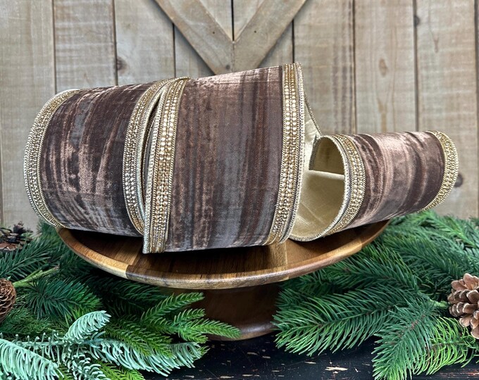 5 Yards, 4 Inch, Pecan Distressed Diamonds Velvet Wired Ribbon, With ...