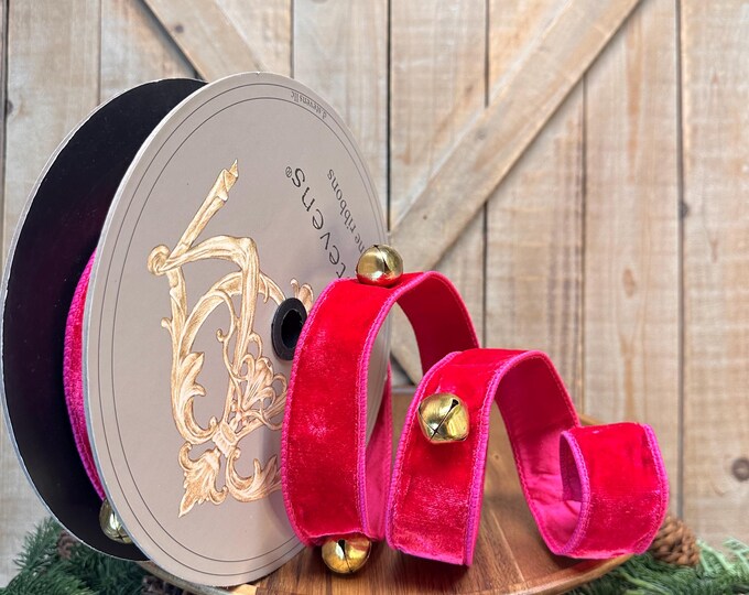 5 Yards, 1 Inch, Hot Pink Velvet With Jingle Bells Wired Ribbon ...
