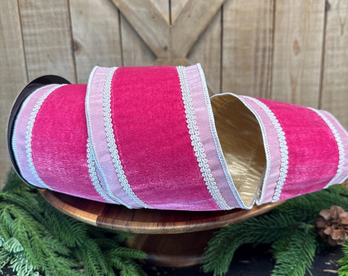 5 Yards, 4 Inch Hot Pink and Pink Velvet Ribbon, With Gold Back, Wired ...