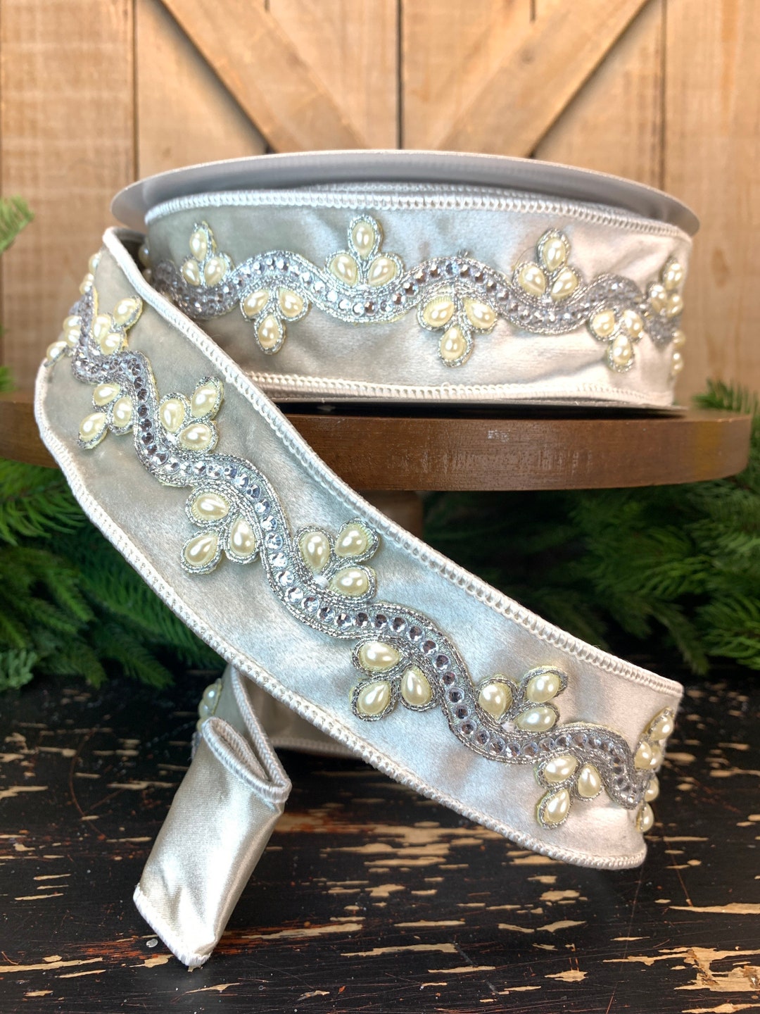 10 Yards Jeweled Light Grey and Silver Velvet Wired Ribbon, 2 Inch ...