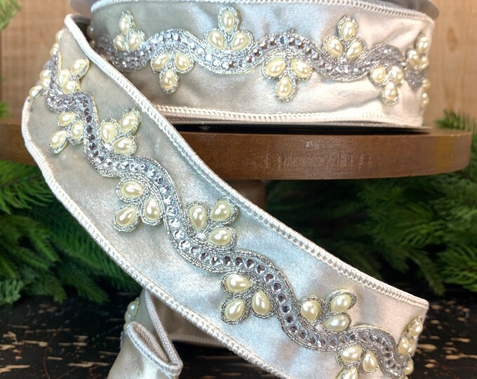 10 Yards Jeweled Light Grey and Silver Velvet Wired Ribbon, 2 Inch ...