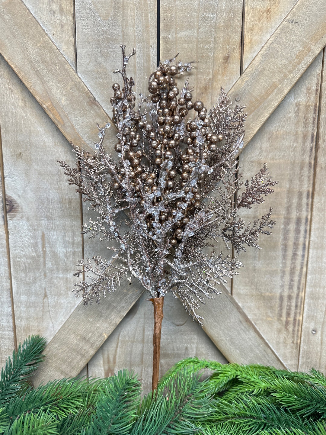 16 Inch, Metallic Brown Iced Cedar and Berry Spray, Wreath Supplies ...