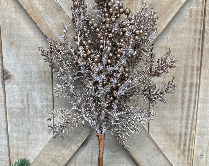 16 Inch, Metallic Brown Iced Cedar and Berry Spray, Wreath Supplies ...