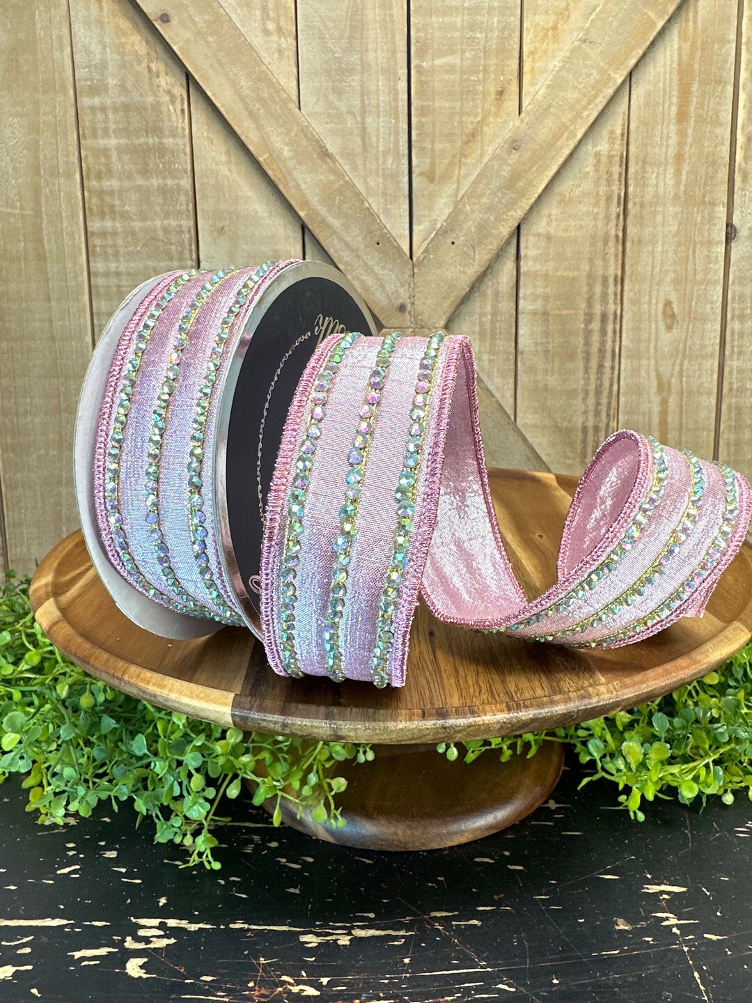 5 Yards, Light Pink Iridescent Stripes Wired Ribbon, Jeweled Ribbon, 1. ...