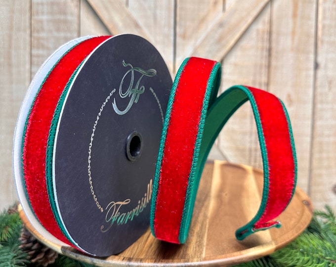 10 Yards, 1 Inch, Two Tone Red and Green Velvet Wired Ribbon, Designer ...