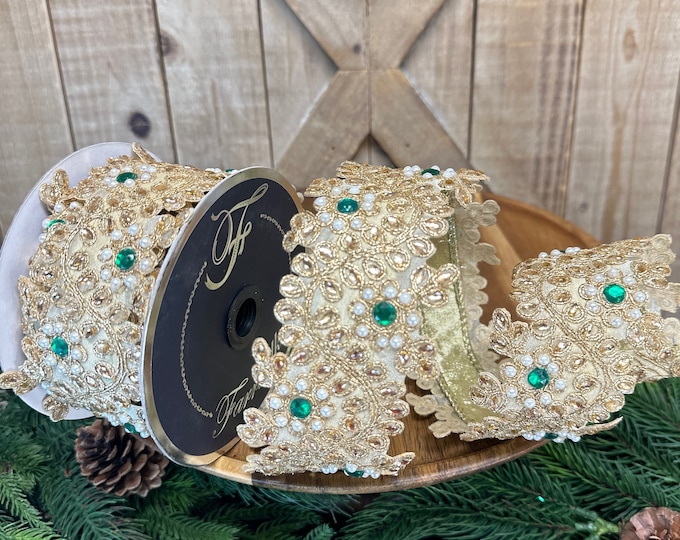 5 Yards, 2.5 Inch, Emerald Green and Gold Jewel Pearl Daises Jeweled ...